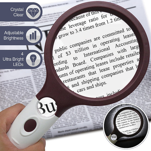 Extra Large 4X Magnifying Glass with 4 Ultra Bright LED Lights & 25X Z