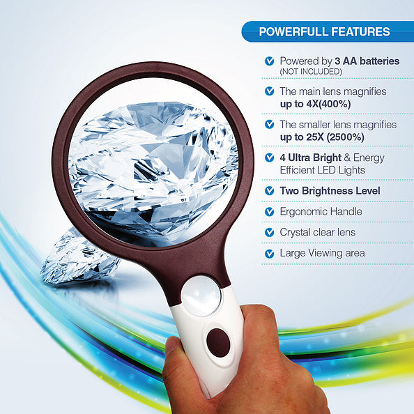Extra Large 4X Magnifying Glass with 4 Ultra Bright LED Lights & 25X Z ... Extra Large 4X Magnifying Glass with 4 Ultra Bright LED Lights & 25X Z ...