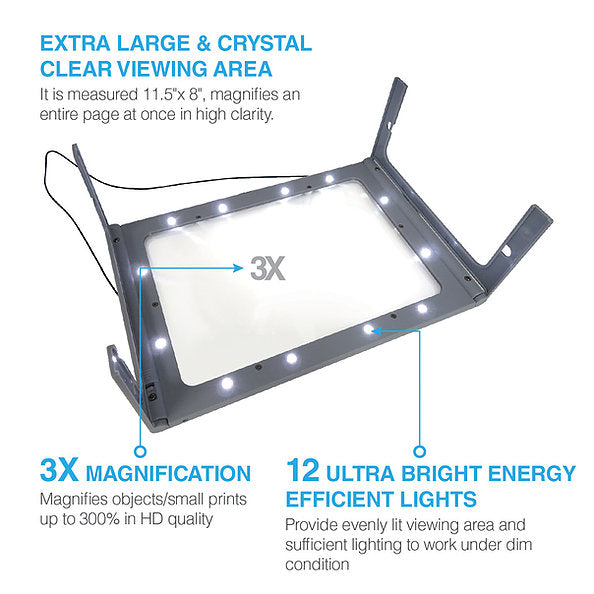 3X Large Full Page Magnifier with 12 LED Lights, Foldable Flip-Out Leg ...