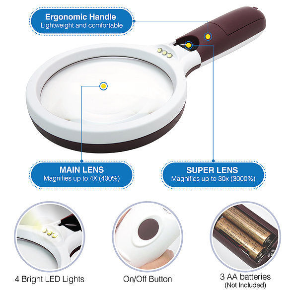 Extra Large 4X Magnifying Glass with 4 Ultra Bright LED Lights & 25X Z ... Extra Large 4X Magnifying Glass with 4 Ultra Bright LED Lights & 25X Z ...